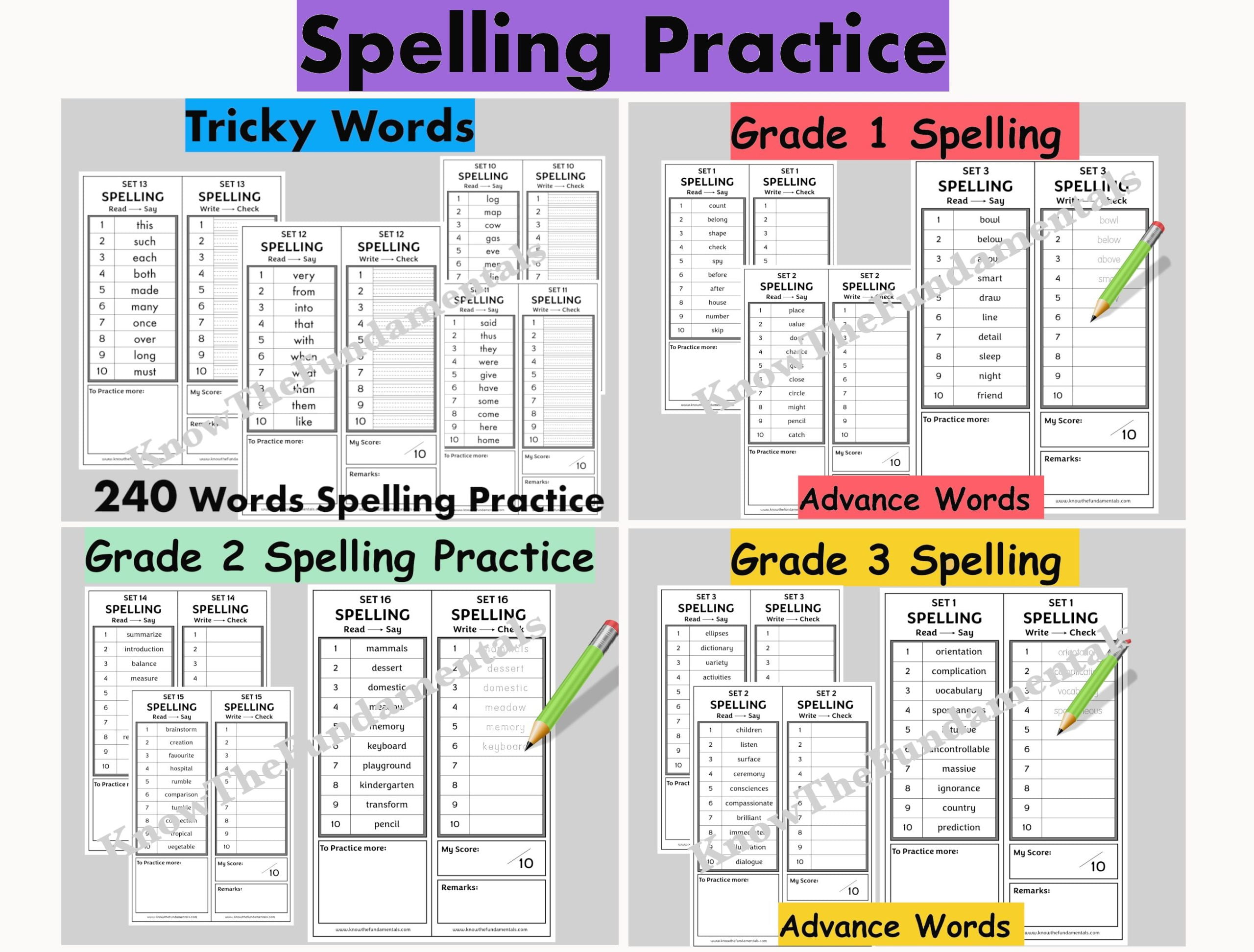 Spelling practice worksheets for kids to improve reading and writing